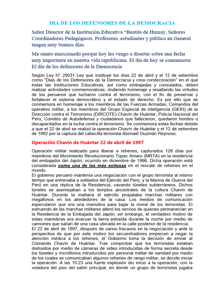 Dia de Los Defensores de La Democracia Disertacion 1 | PDF | Perú | Militar