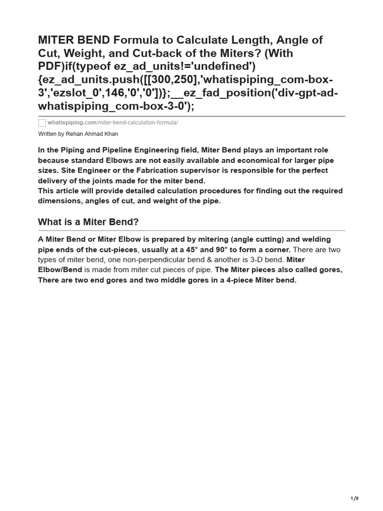 MITER BEND Formula To Calculate Length Angle of Cut Weight and Cut-Back of The Miters With ...