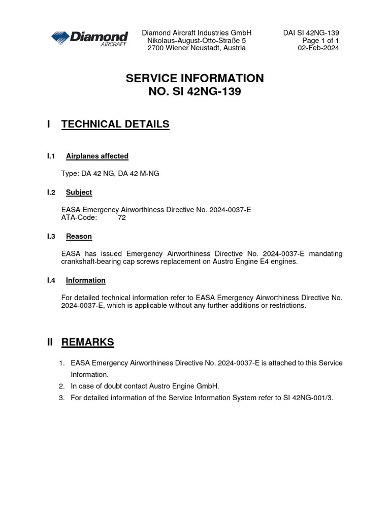 SI42NG 139 EASA AD 2024 0037 E Engine Main Bearing Studs Replacement ...