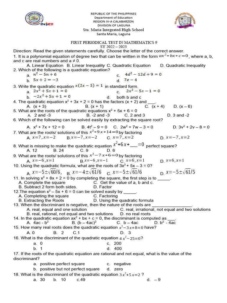 1st Periodical Tes SY 22 23 | PDF | Quadratic Equation | Mathematical ...