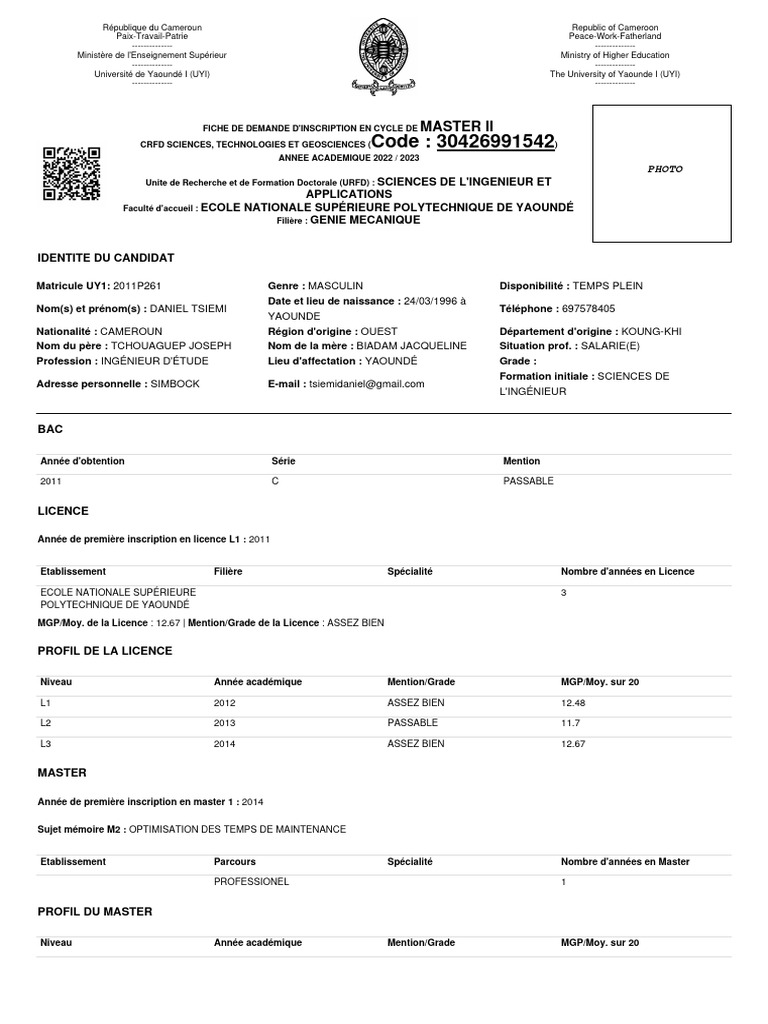 Inscription Master II UY1 2022/2023 | PDF