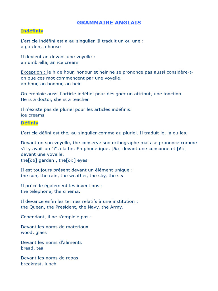 Grammaire anglaise : articles et adjectifs | PDF | Pronom | Verbe