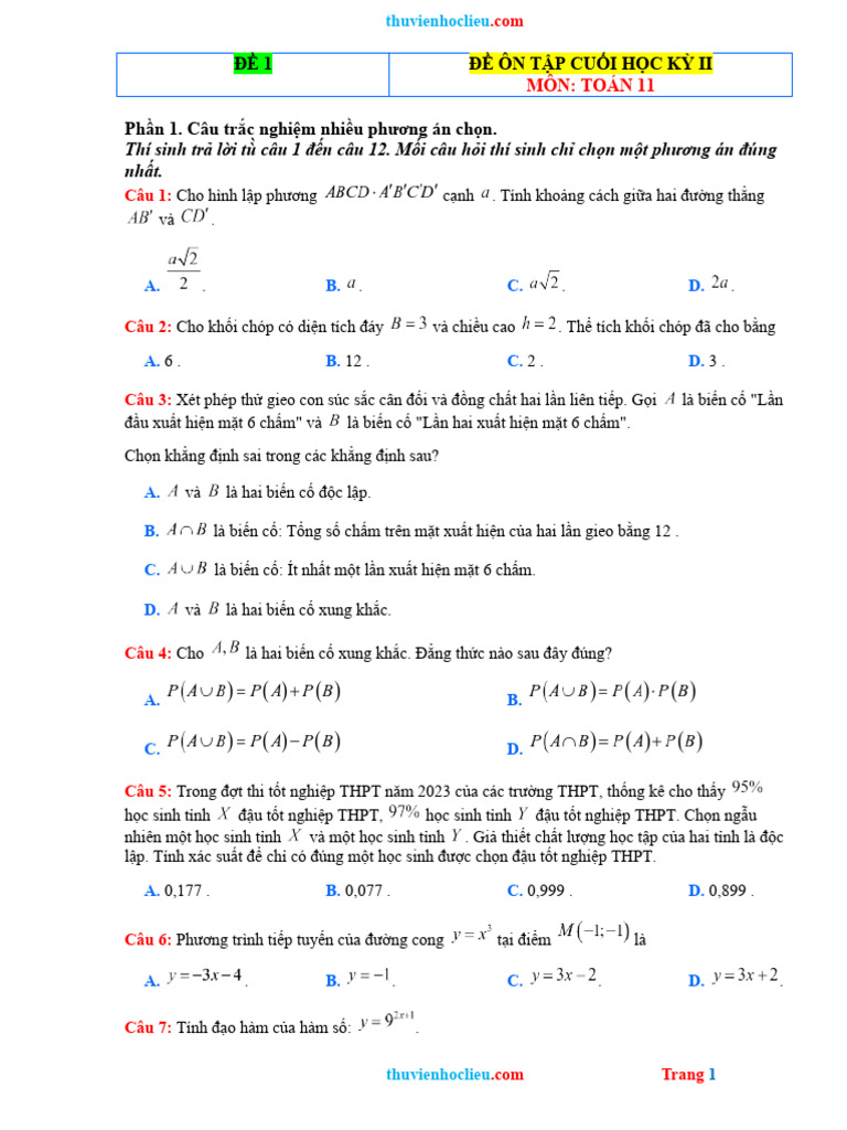 Bo de On Tap HK2 Toan 11 KNTT Cau Truc Moi | PDF
