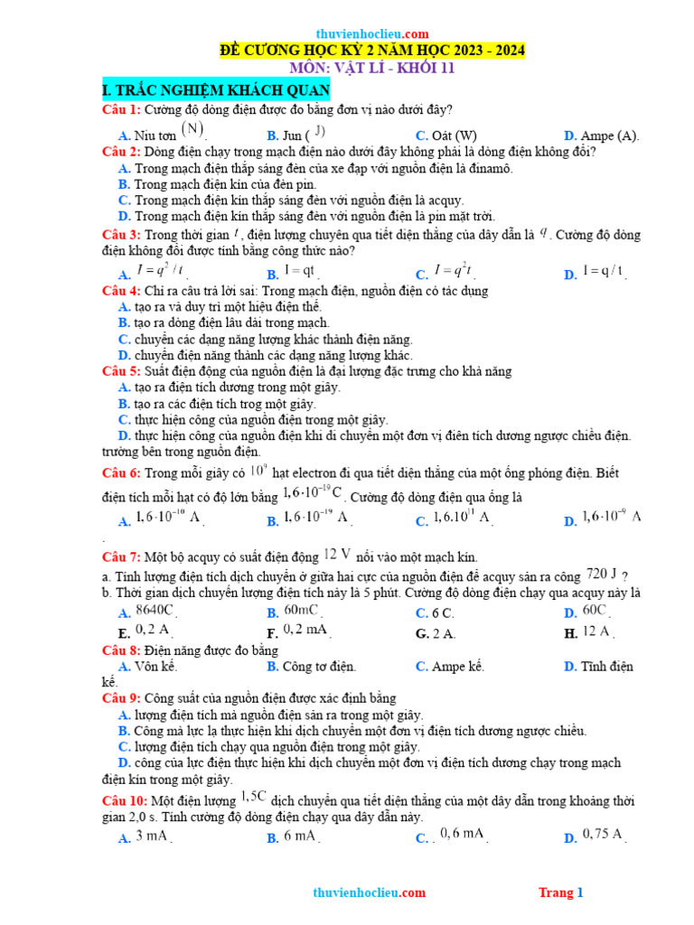 De Cuong On Tap HK2 Vat Li 11 KNTT | PDF