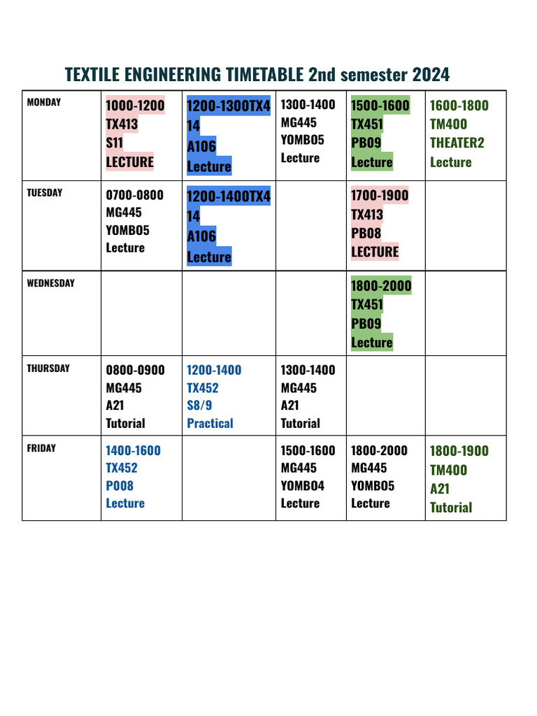 TEXTILE ENGINEERING TIMETABLE 2nd Semester 2024 | PDF