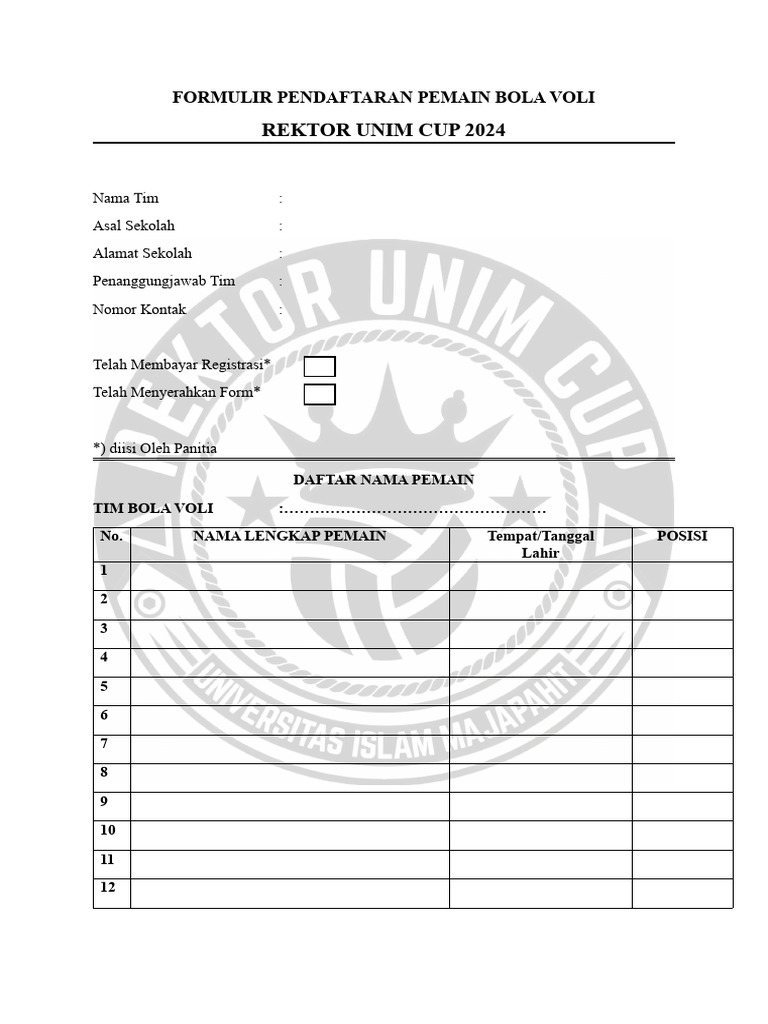 Formulir Pendaftaran Tim Voli UNIM Cup 2024 | PDF