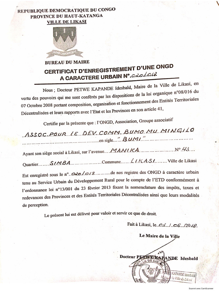 Certificat Denregistrement D'une Ong | PDF