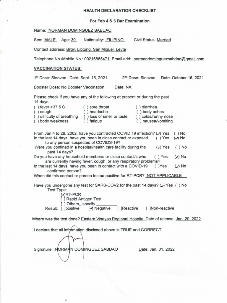 Health Declaration Checklist | PDF