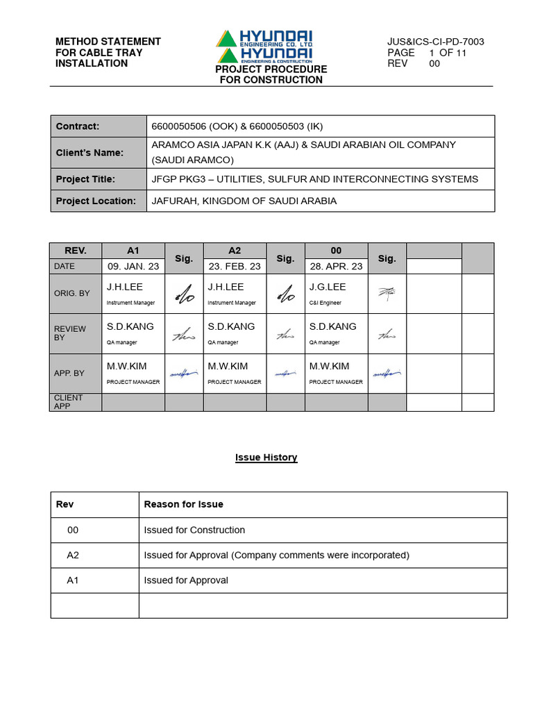 Cable Tray Installation Method Statement | PDF | Technology & Engineering