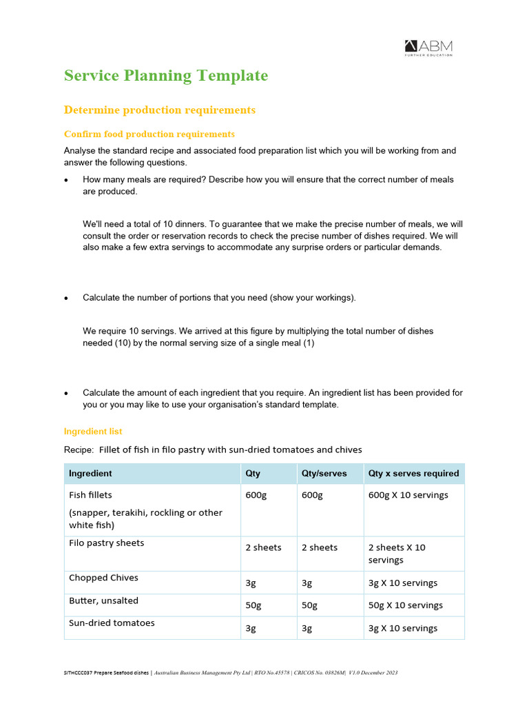 SITHCCC037 Service Planning Template V1.0 December 2023 | PDF | Baking ...