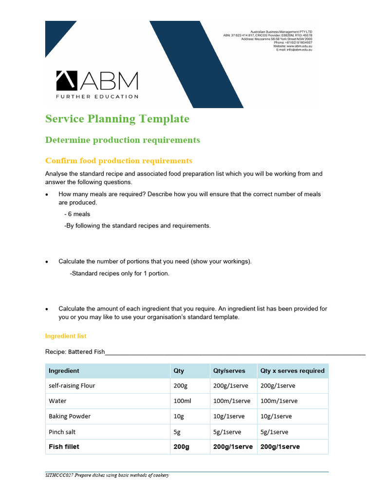 SITHCCC027 Service Planning Template | PDF | Cooking | Flour