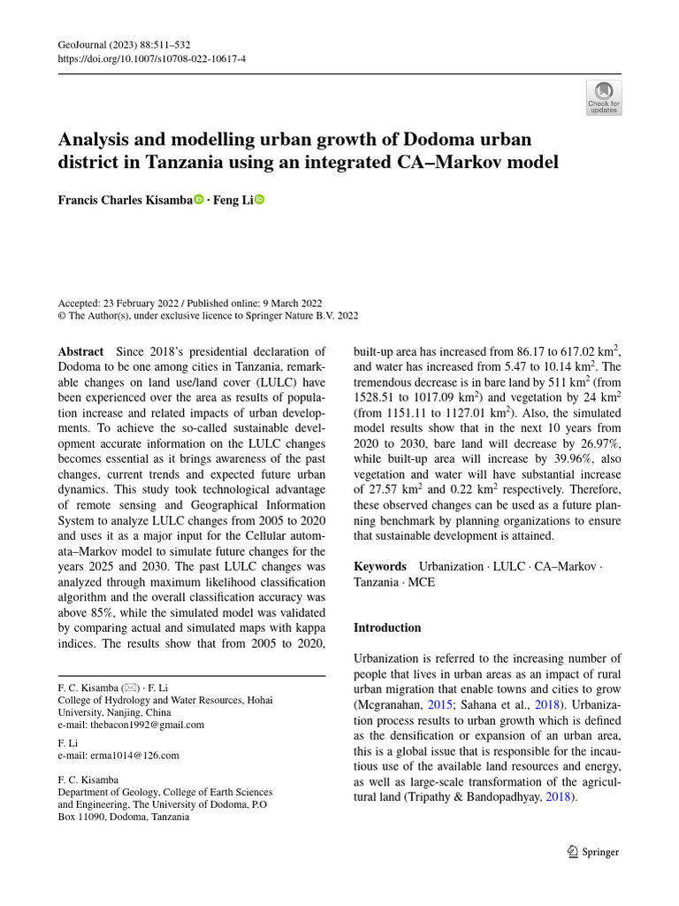 Analysis and Modelling Urban Growth of Dodoma Urban District in ...