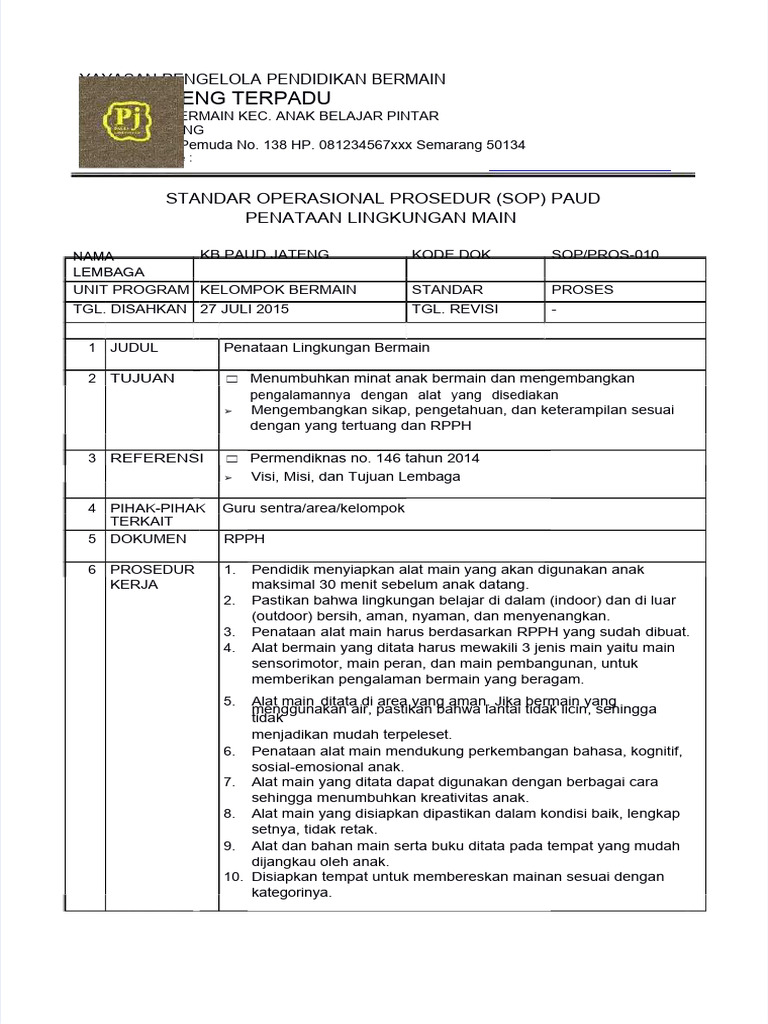 PDF Paud Jateng Terpadu Standar Operasional Prosedur Sop Paud Penataan Lingkungan Main | PDF ...