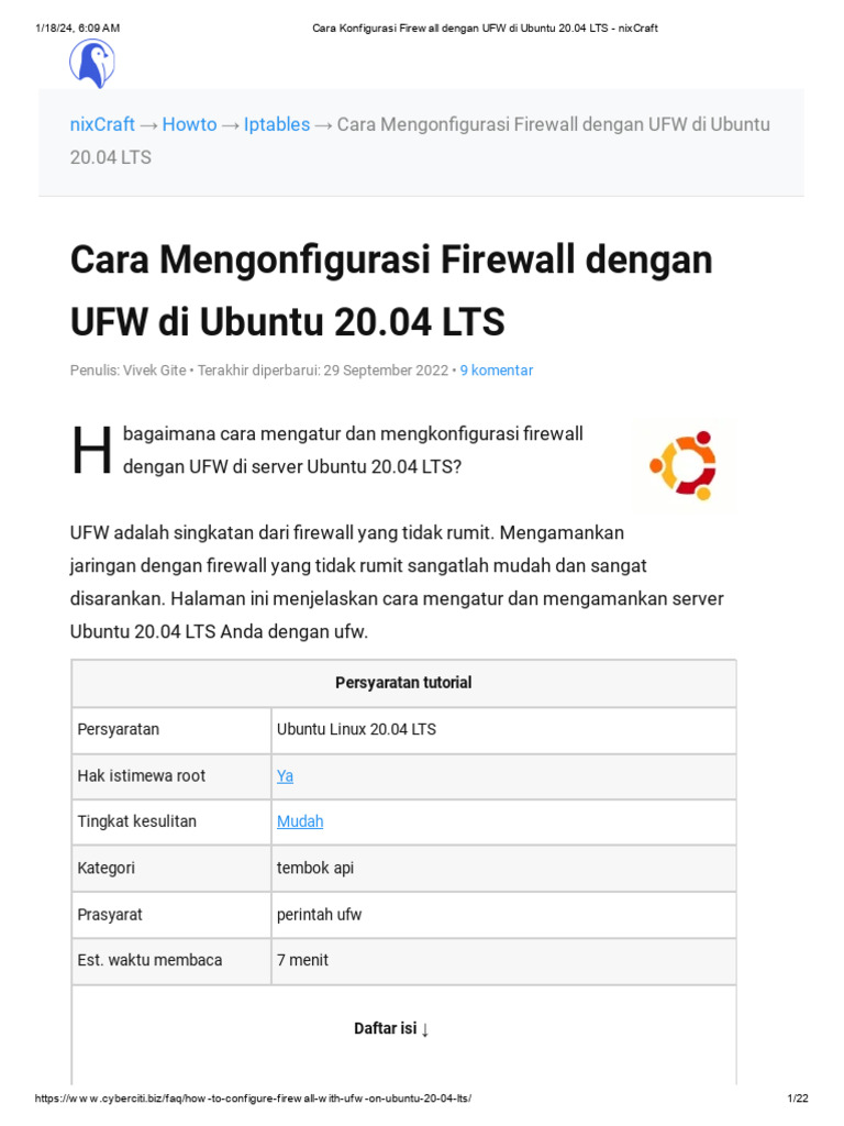 Cara Konfigurasi Firewall Dengan UFW Di Ubuntu 20.04 LTS - NixCraft | PDF Cara Konfigurasi Firewall Dengan UFW Di Ubuntu 20.04 LTS - NixCraft | PDF