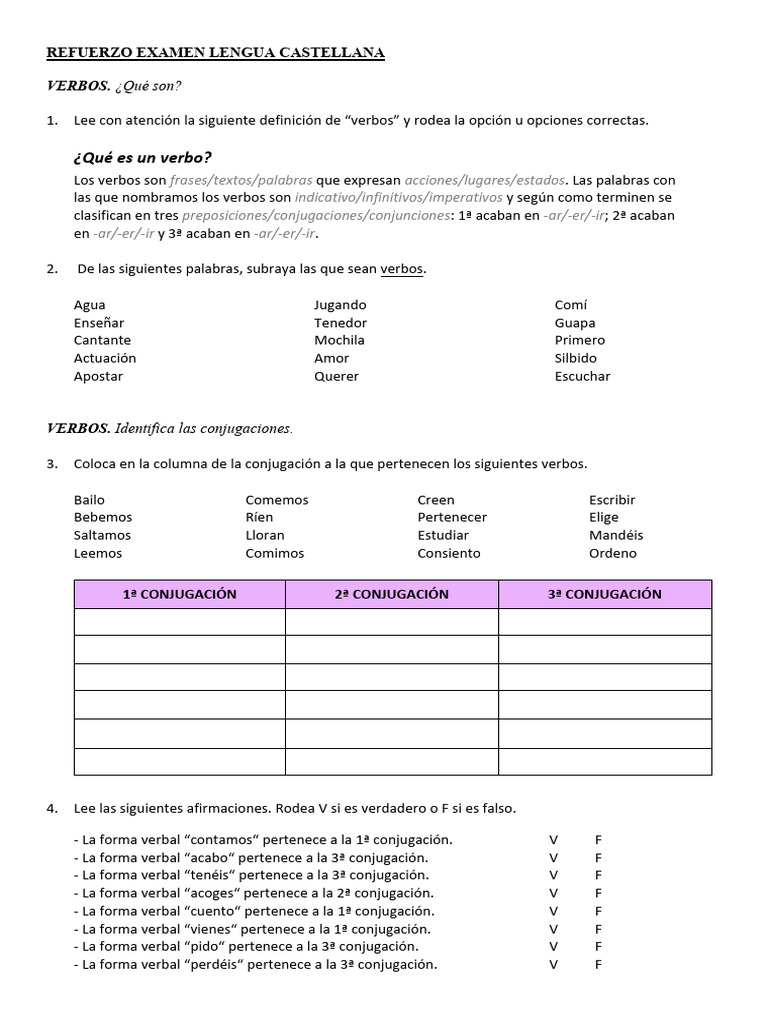 Ejercicios Refuerzo Examen Lengua Castellana | PDF | Verbo | Conjugación gramatical