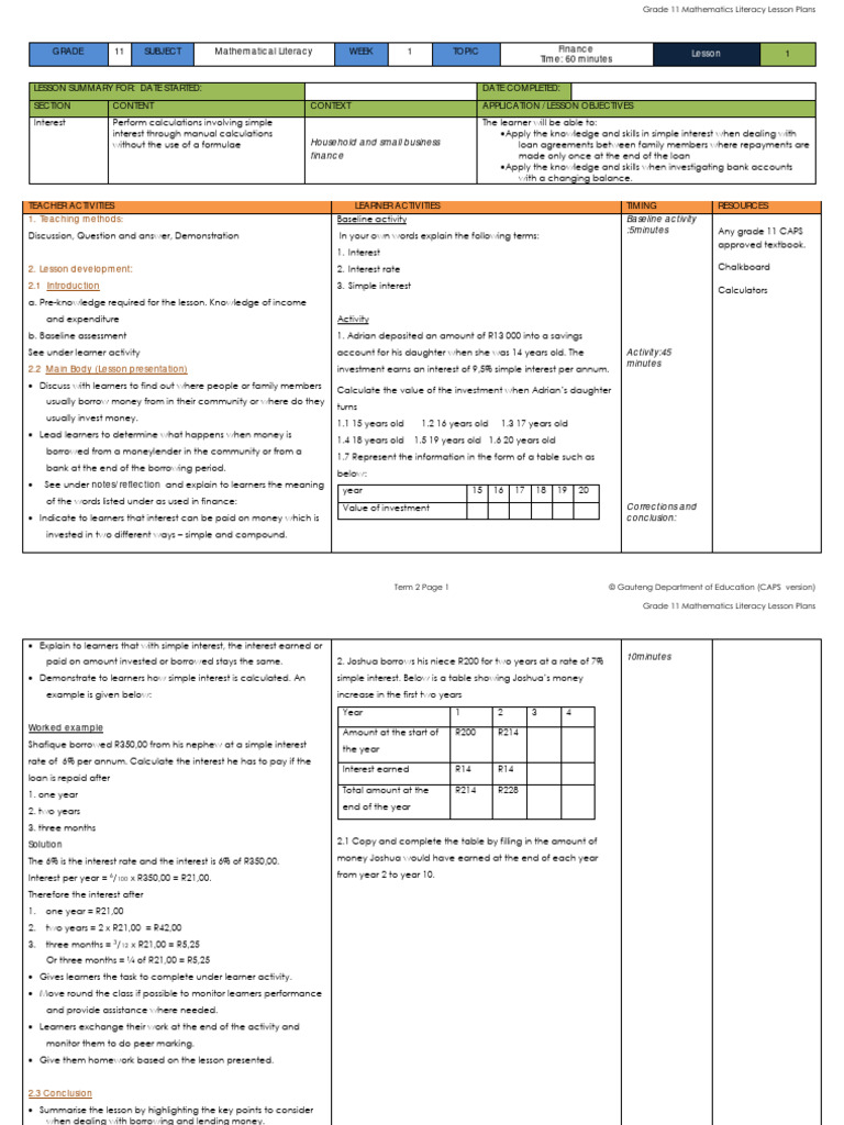 32 Grade 11 Math Lit Lessonplans Term 1 | Download Free PDF | Interest | Banks