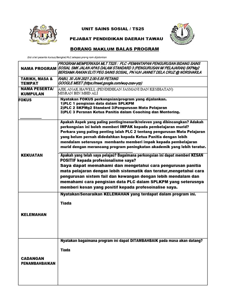 BORANG MAKLUM BALAS PLC pjk | PDF