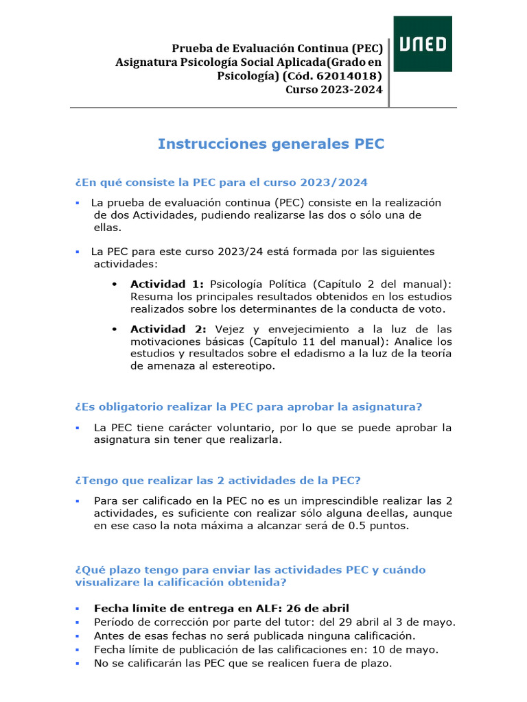 Pec Instrucciones 2023 2024 | PDF