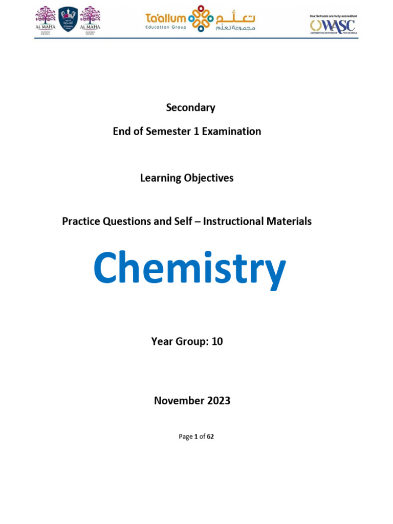Year 10 Chemistry Exam Objectives | PDF | Chemical Reactions | Acid