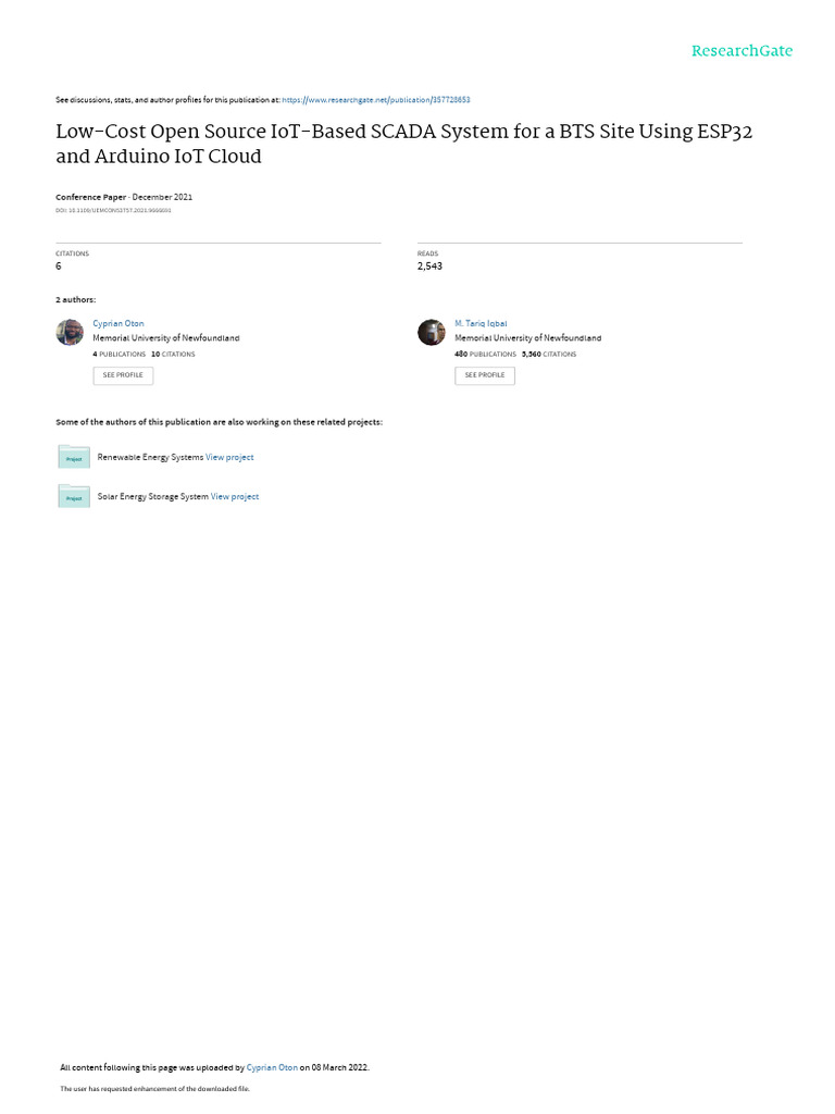 Low Cost Open Source Iot Based Scada System For A Bts Site Using Esp32 And Arduino Iot Cloud