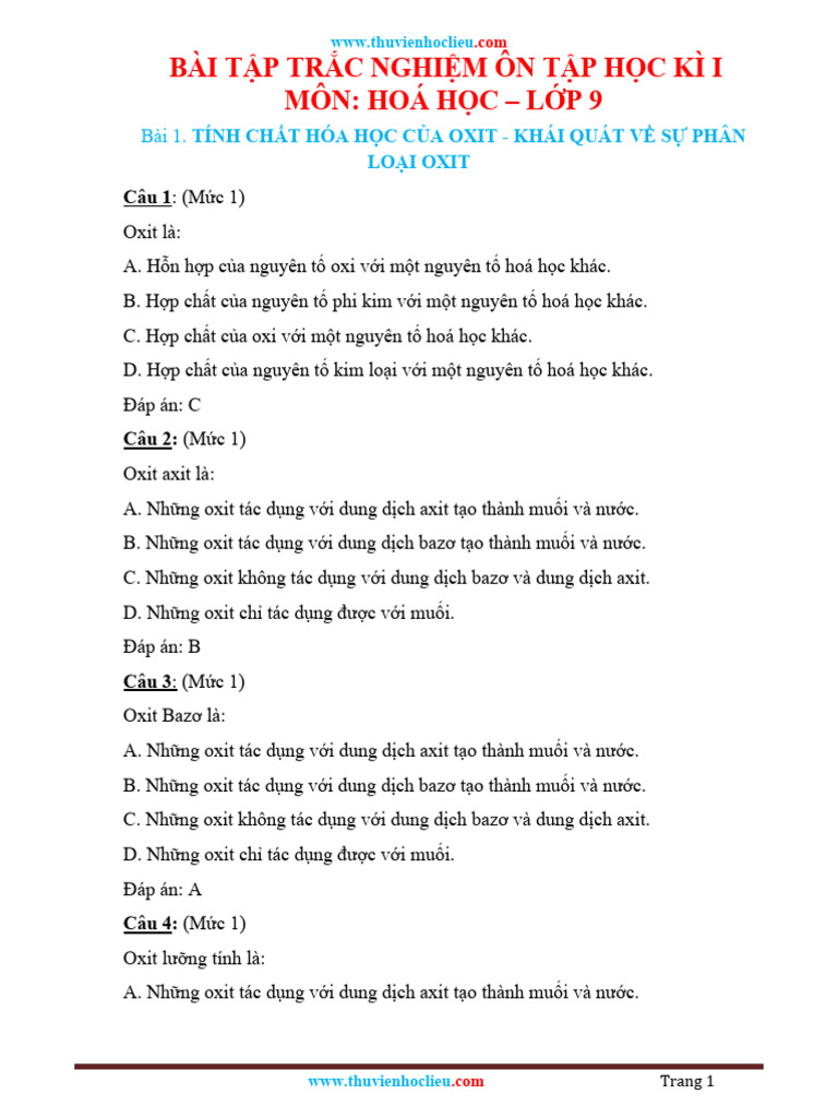 Trac Nghiem On Hoa 9 HK1 Co Dap An | PDF