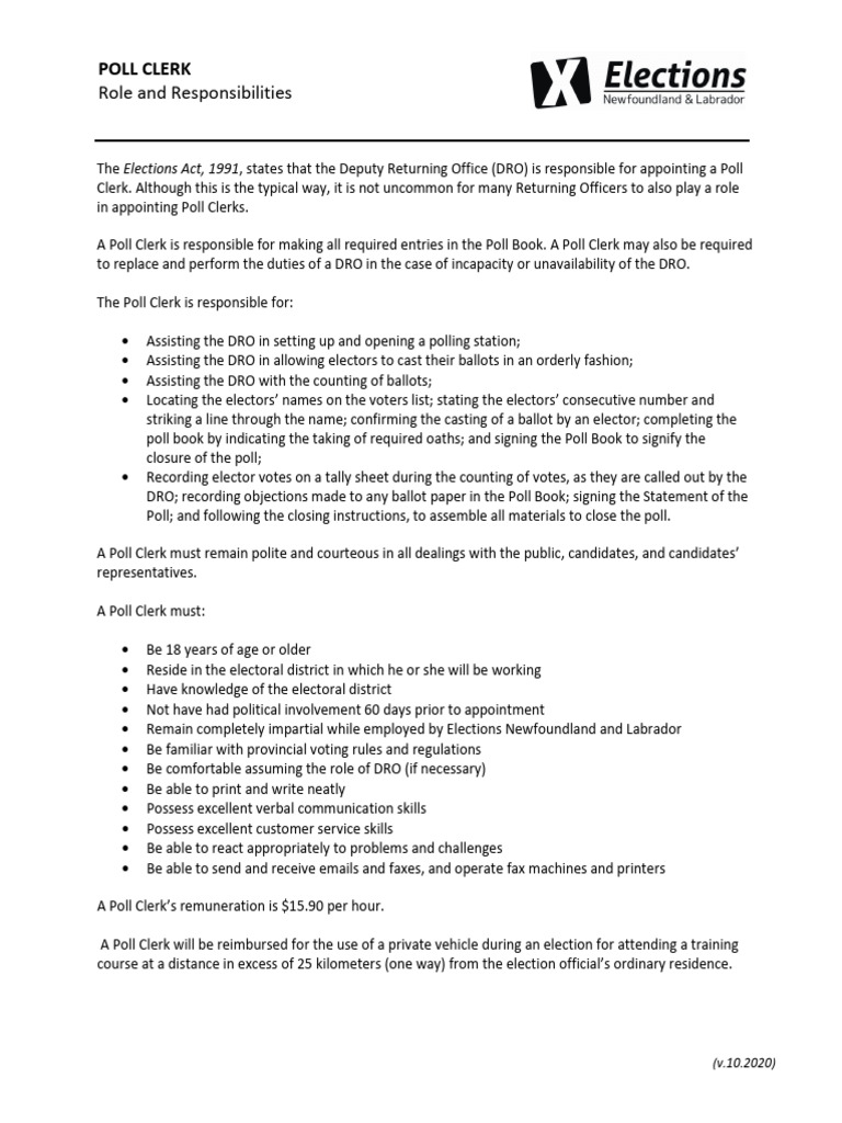 Role and Responsibilities: Poll Clerk | Download Free PDF | Political ...