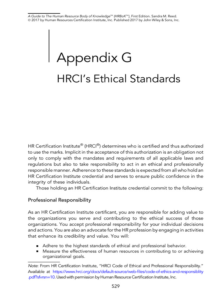The HRCI Official Body of Knowledge - 2017 - Reed - Appendix G HRCI S Ethical Standards | PDF ...