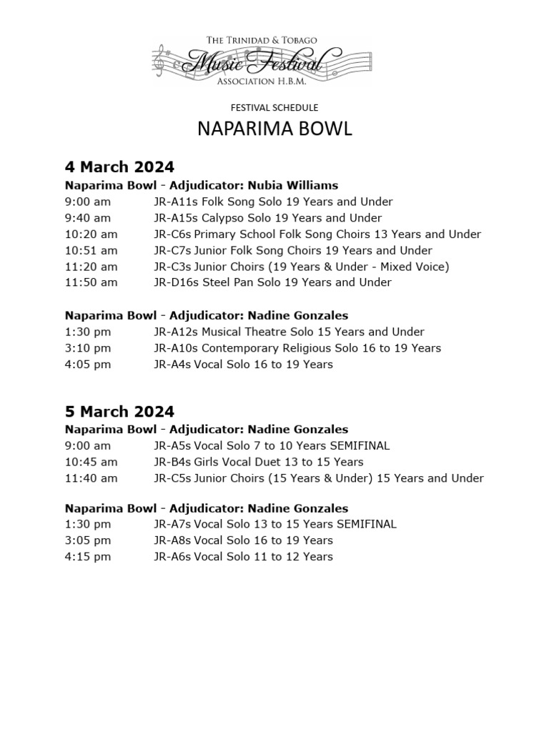 NAPARIMA BOWL Programme 2024 | PDF | Choir | Songs