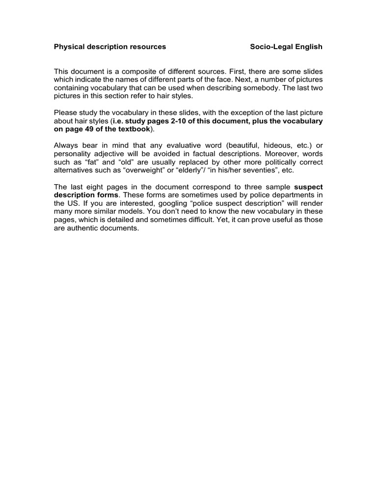 Police Suspect Description Guide | PDF | Hair | Beard