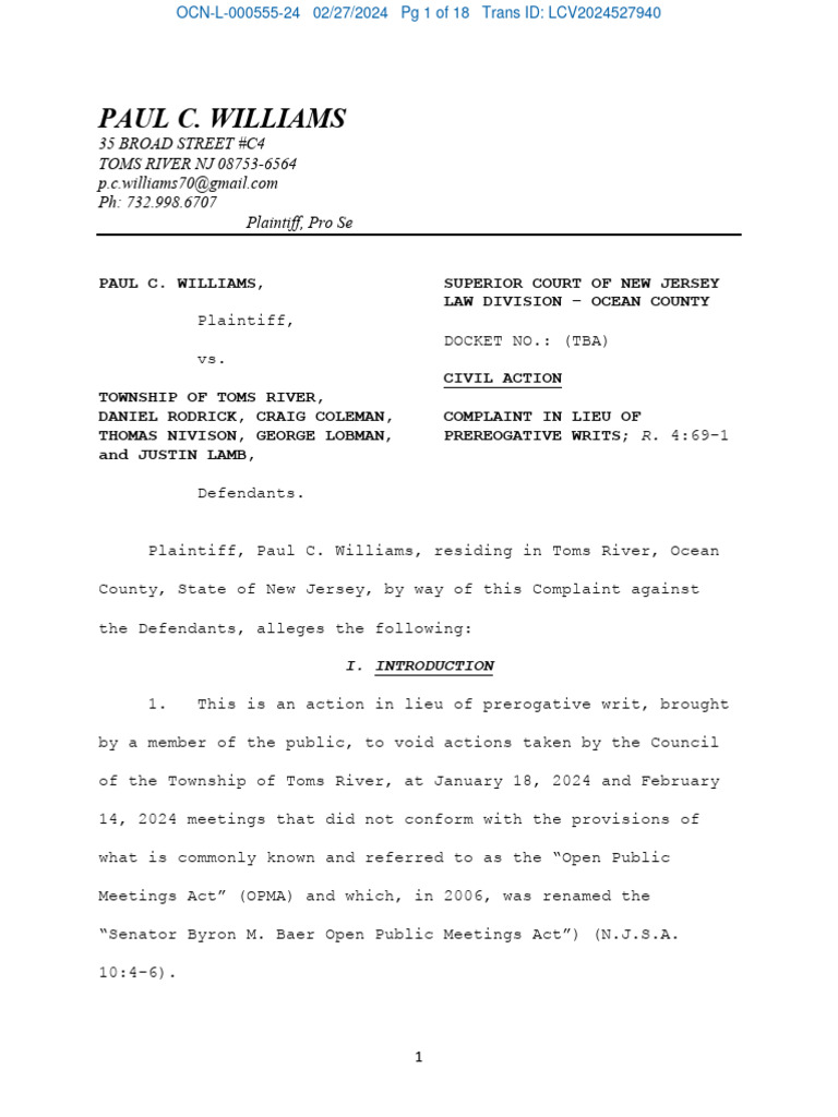 2-27-24 Complaint in Lieu of Prerogative Writs - Williams Vs Township ...