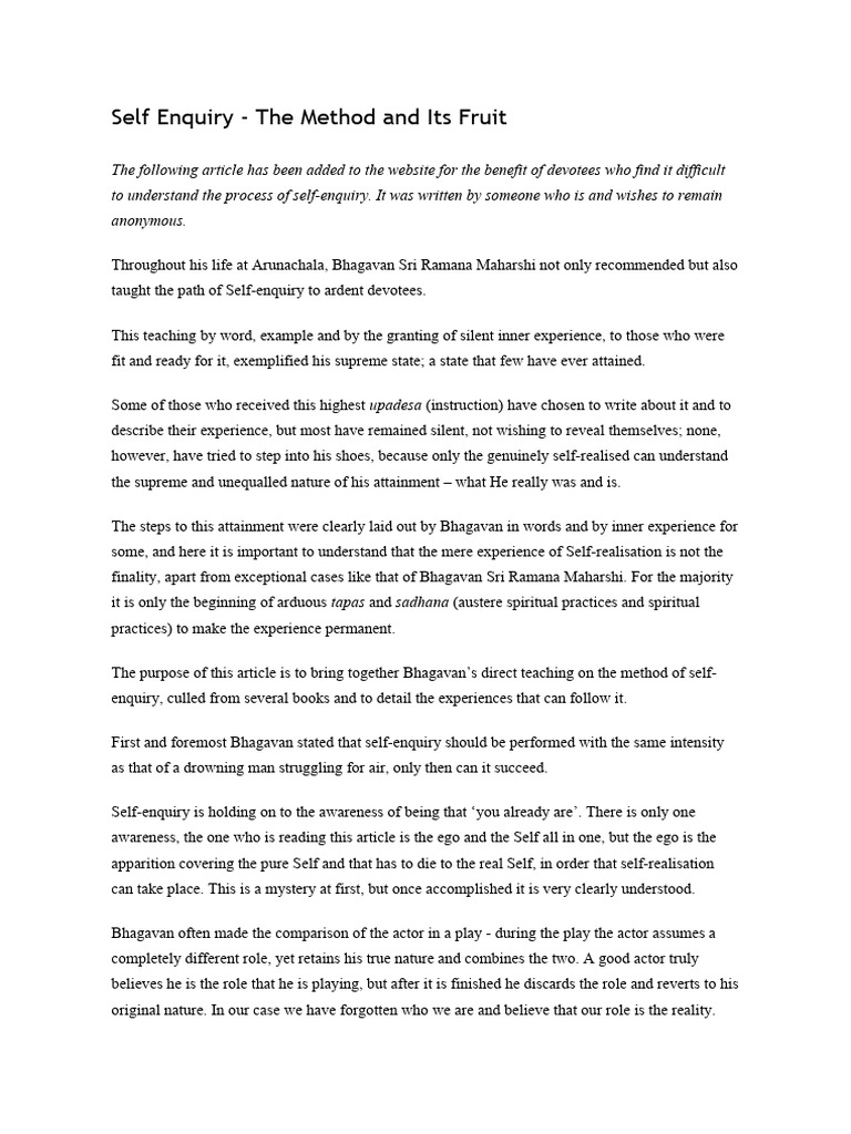 Self-Enquiry: Method and Insights | PDF | Psychological Concepts ...