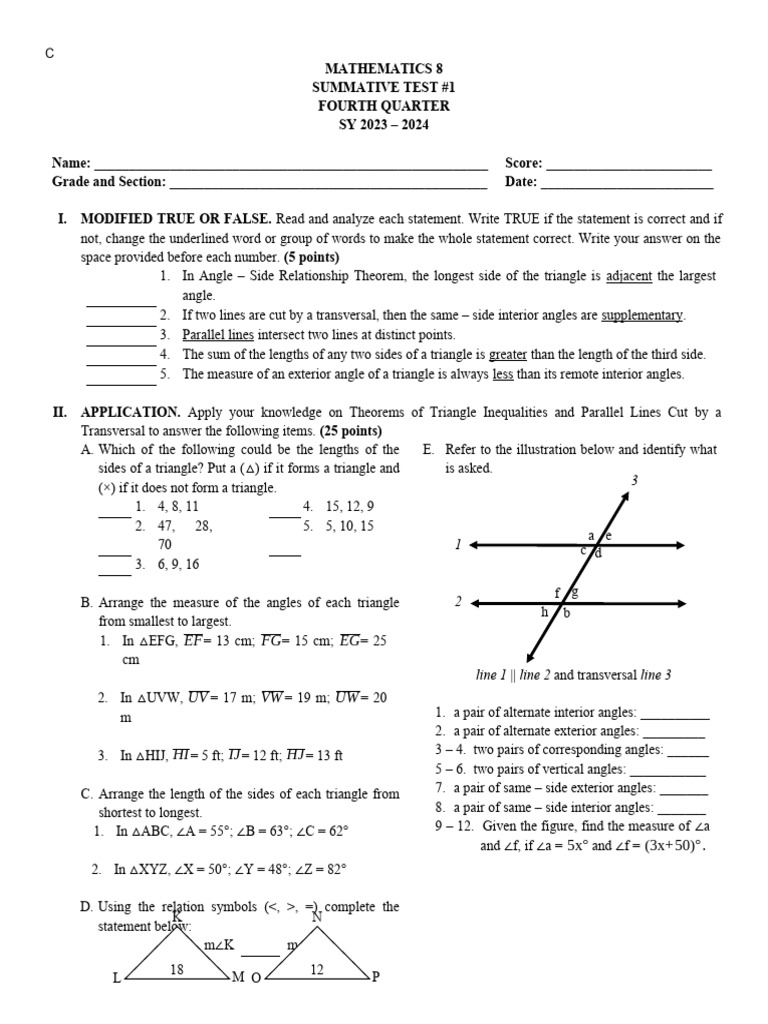 Math 8 Summative Test 1: Triangle Theorems | PDF | Triangle | Triangle ...