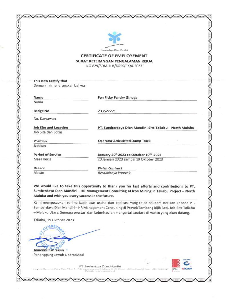 Paklaring PT SDM | PDF