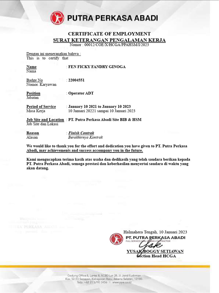 Paklaring PT PPA | PDF