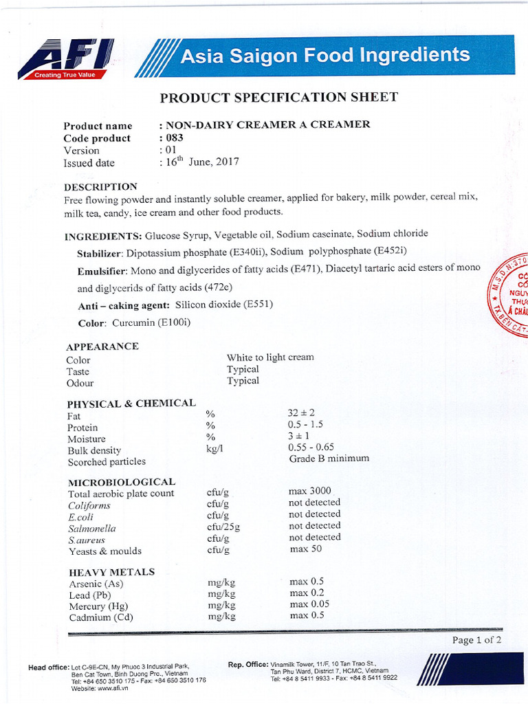 AFI Product Specification A Creamer - 083 - v01 | PDF
