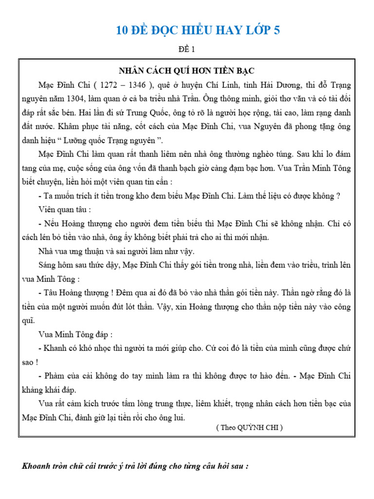 10 de Doc Hieu Hay Tieng Viet Lop 5 | PDF