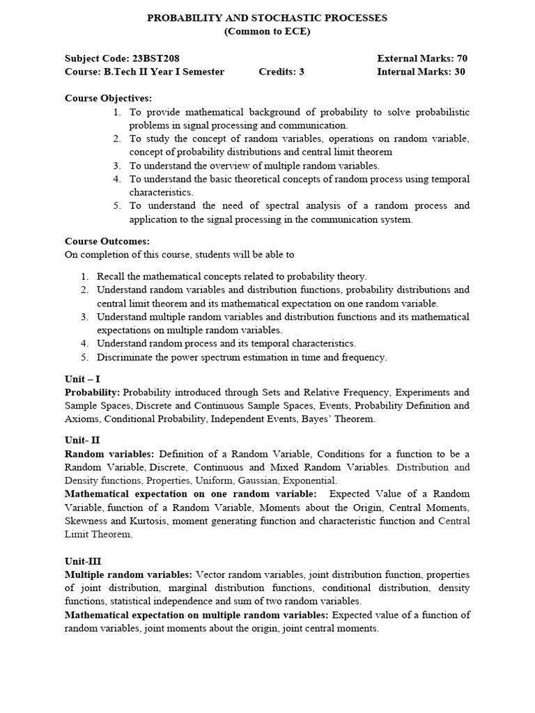 PROBABILITY AND STOCHASTIC PROCESSES - 2023 Course Outline | PDF | Probability Distribution ...