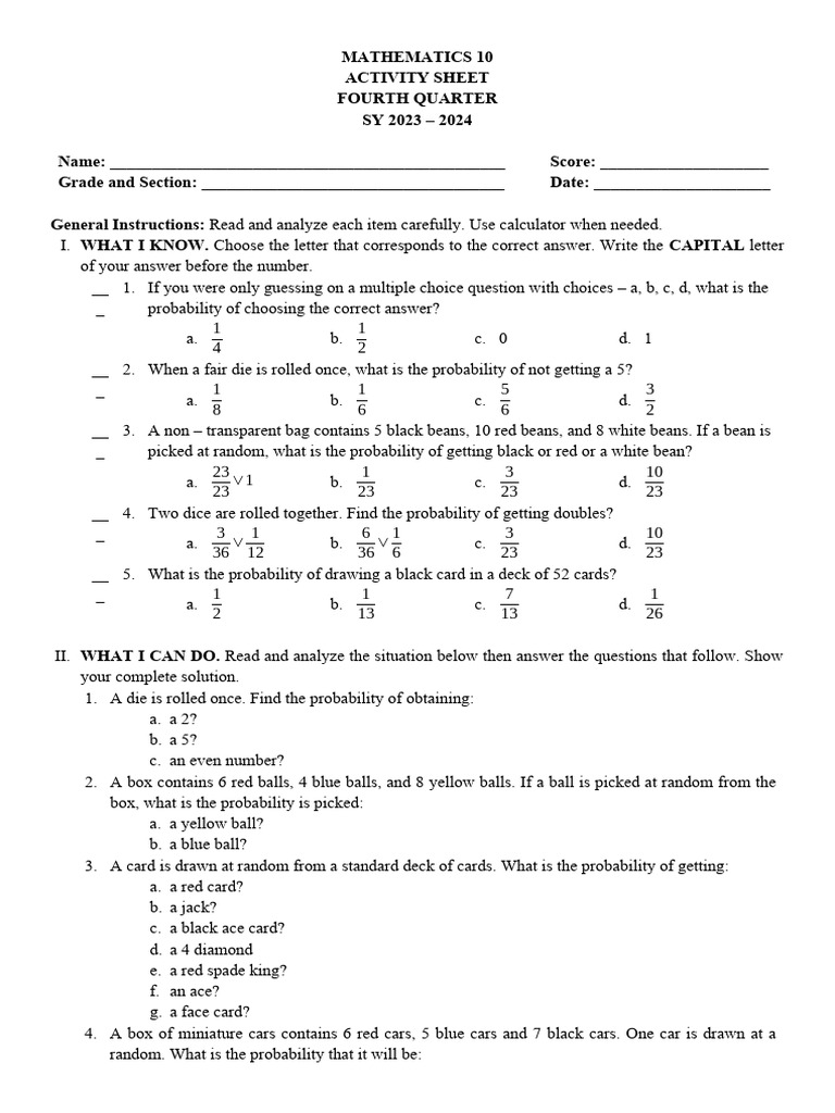 Activity Sheet On Simple Probability | PDF | Probability | Experiment