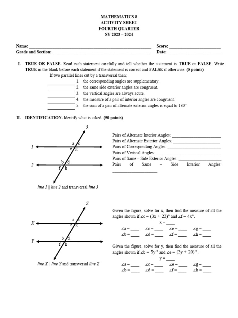Activity Sheet On Parallel Lines Cut by A Transversal | PDF | Euclidean ...