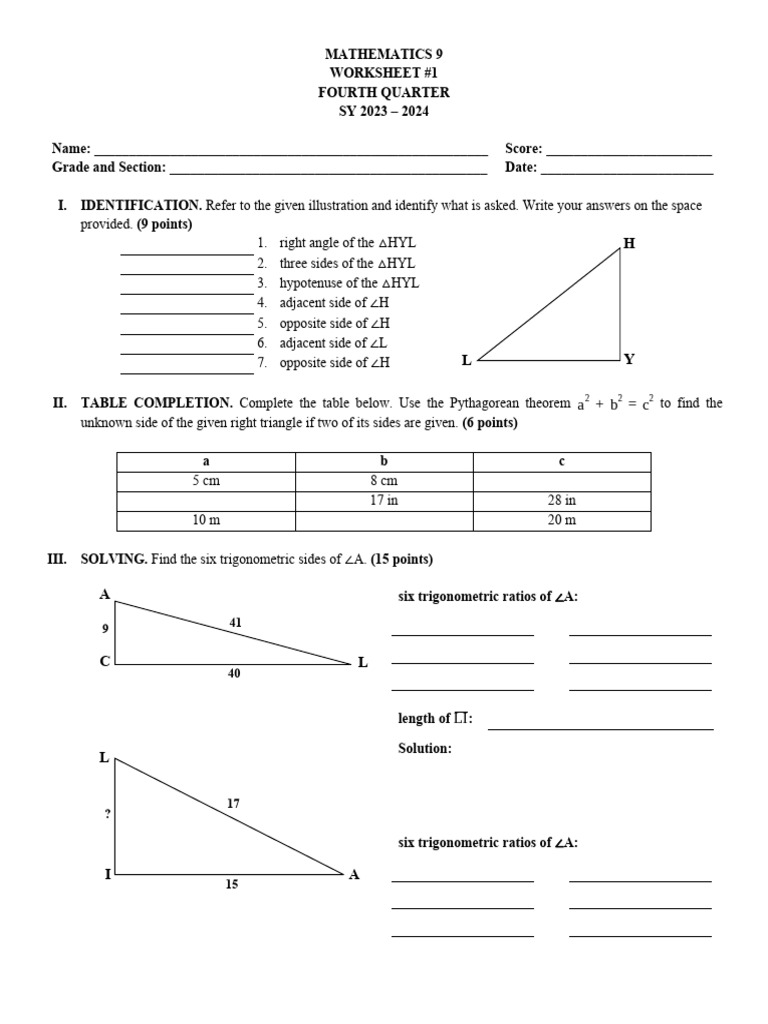 Trigonometric Ratios Worksheet Grade 9 | PDF