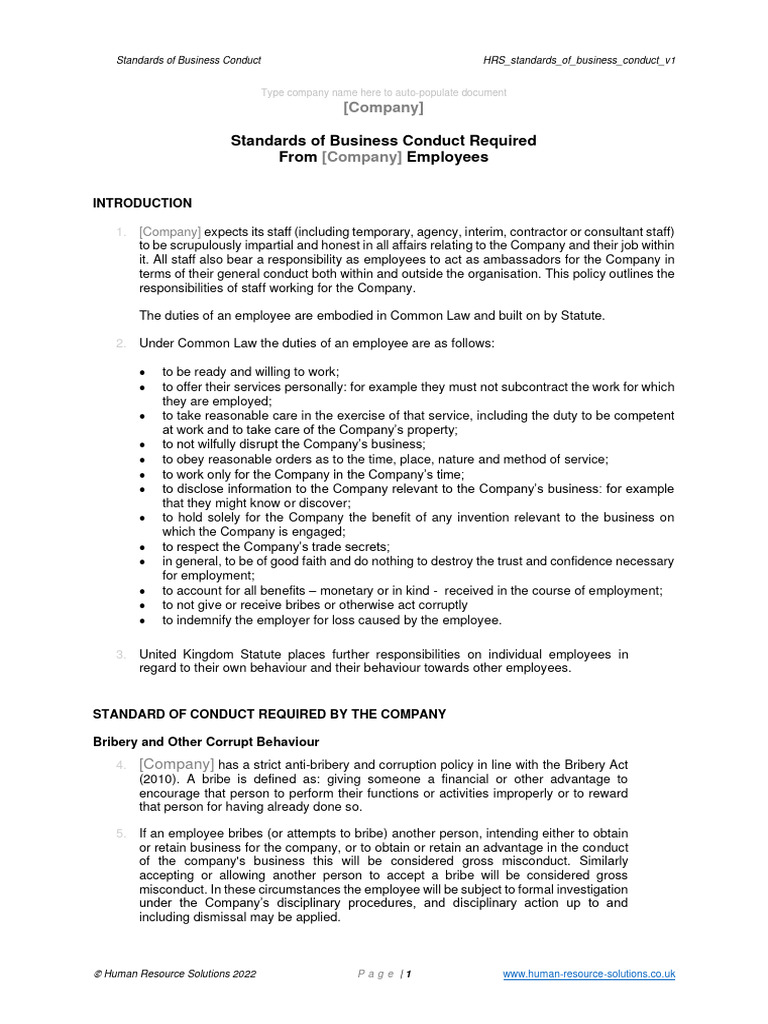 Standards of Business Conduct Required From Employees: (Company) | PDF ...