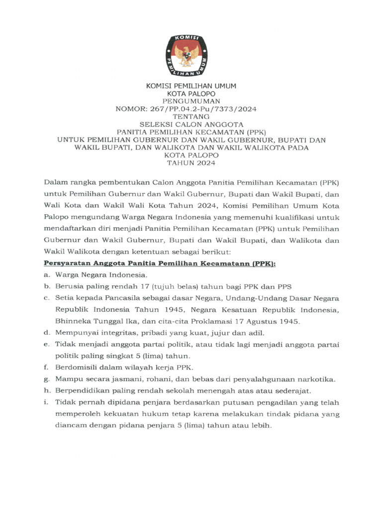 Pengumuman Perekrutan PPK Pilkada | PDF