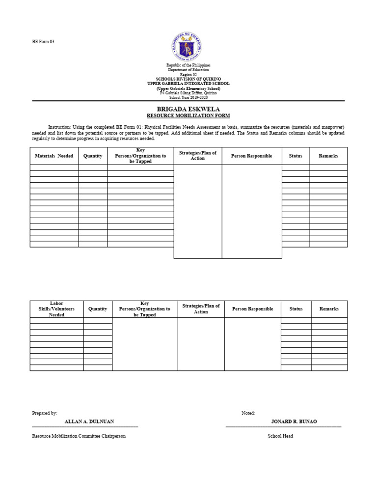 Brigada Eskwela Resource Mobilization Form | PDF