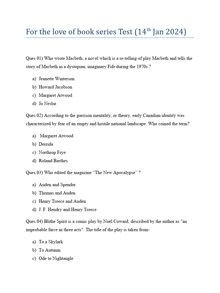 For The Love of Book Series Test | PDF