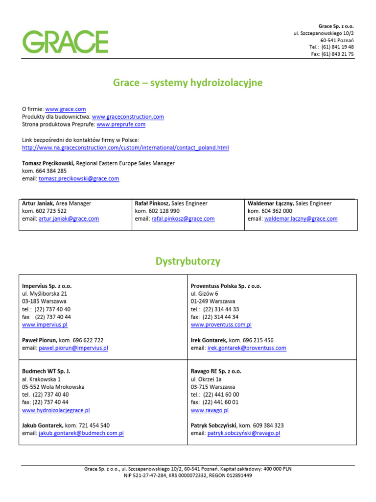 2013 Grace PL Systemy Hydroizolacyjne - Kontakt | PDF