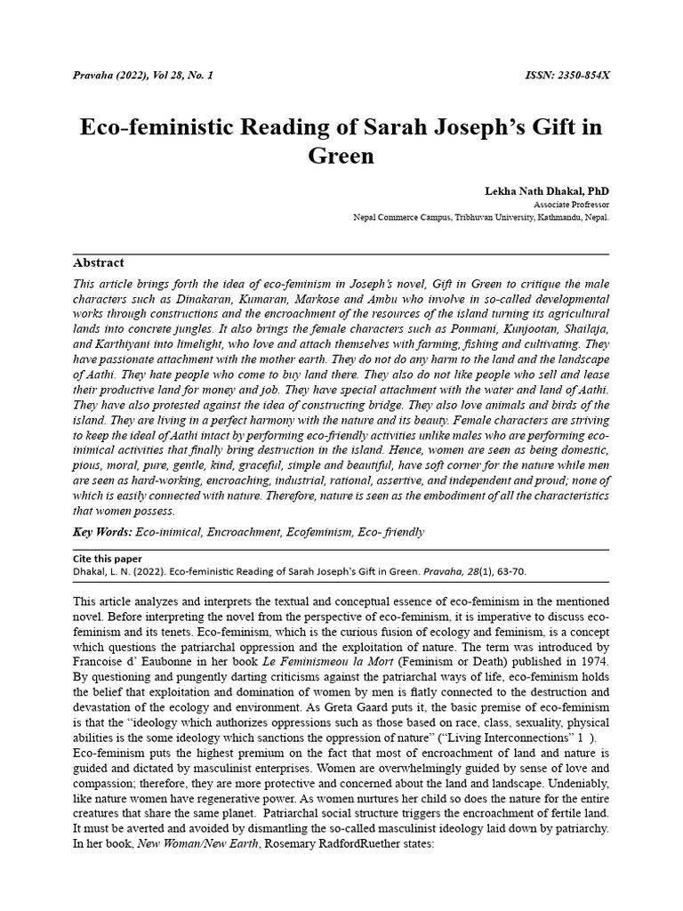 Eco-Feministic Reading of Sarah Joseph'S Gift in Green: Lekha Nath ...
