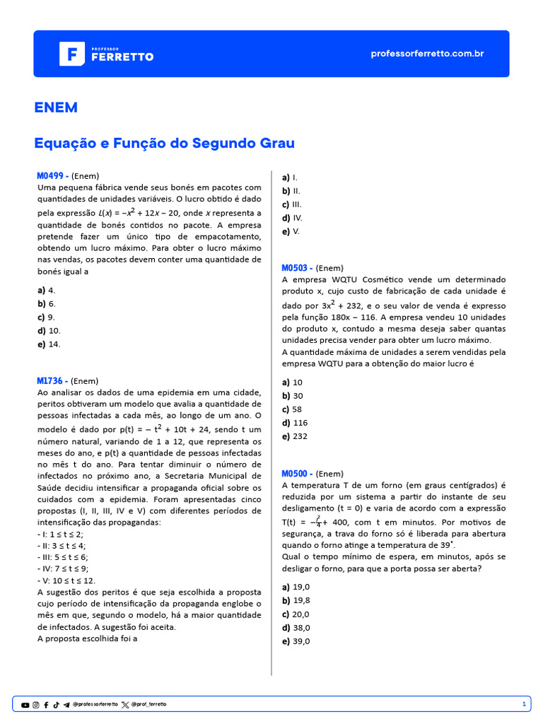 Questions Matematica Equacao e Funcao Do Segundo Grau ENEM | PDF | Temperatura