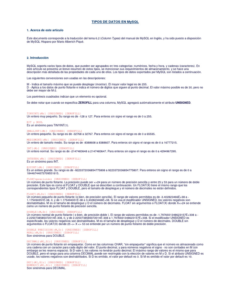 tipos de datos en MySQL | PDF | Tipo de datos | Poco