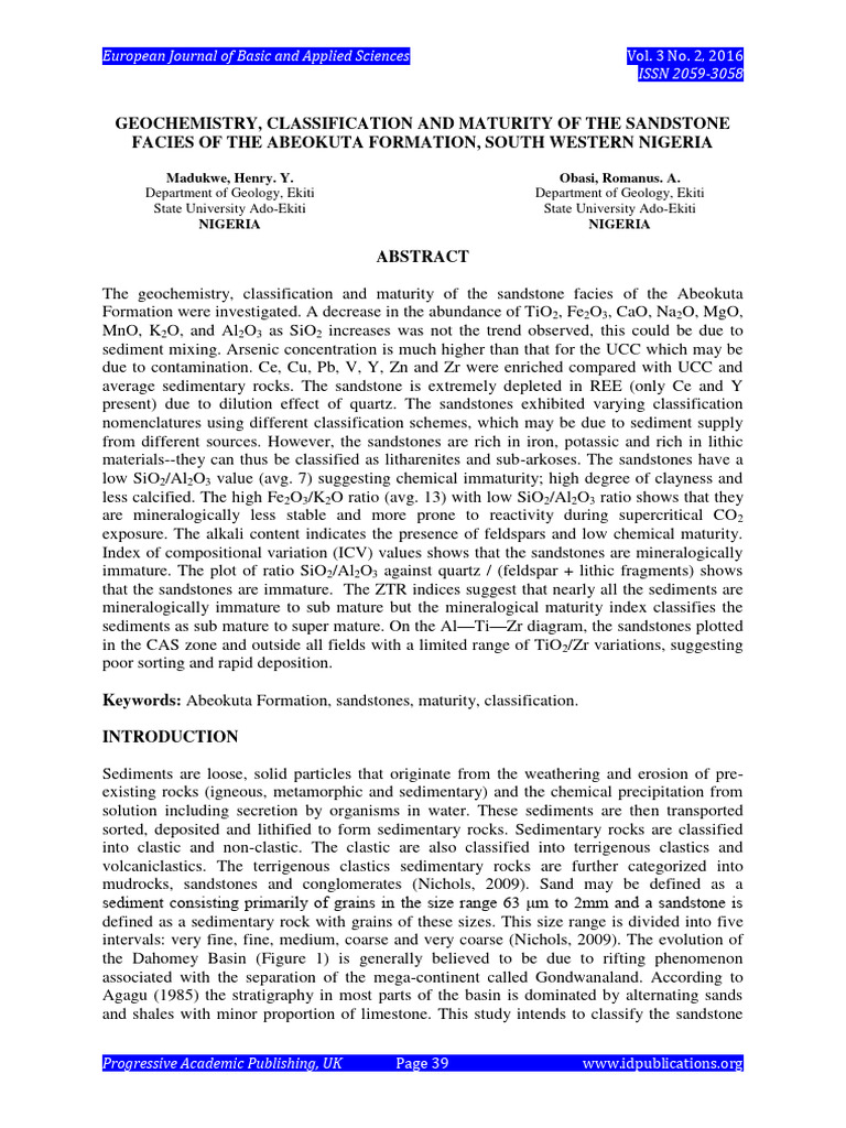 Geochemistry, Classification and Maturity of The Sandstone Facies of ...
