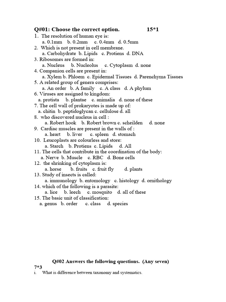 Biology Quiz and Short Answer Questions | PDF | Cell (Biology) | Tissue ...